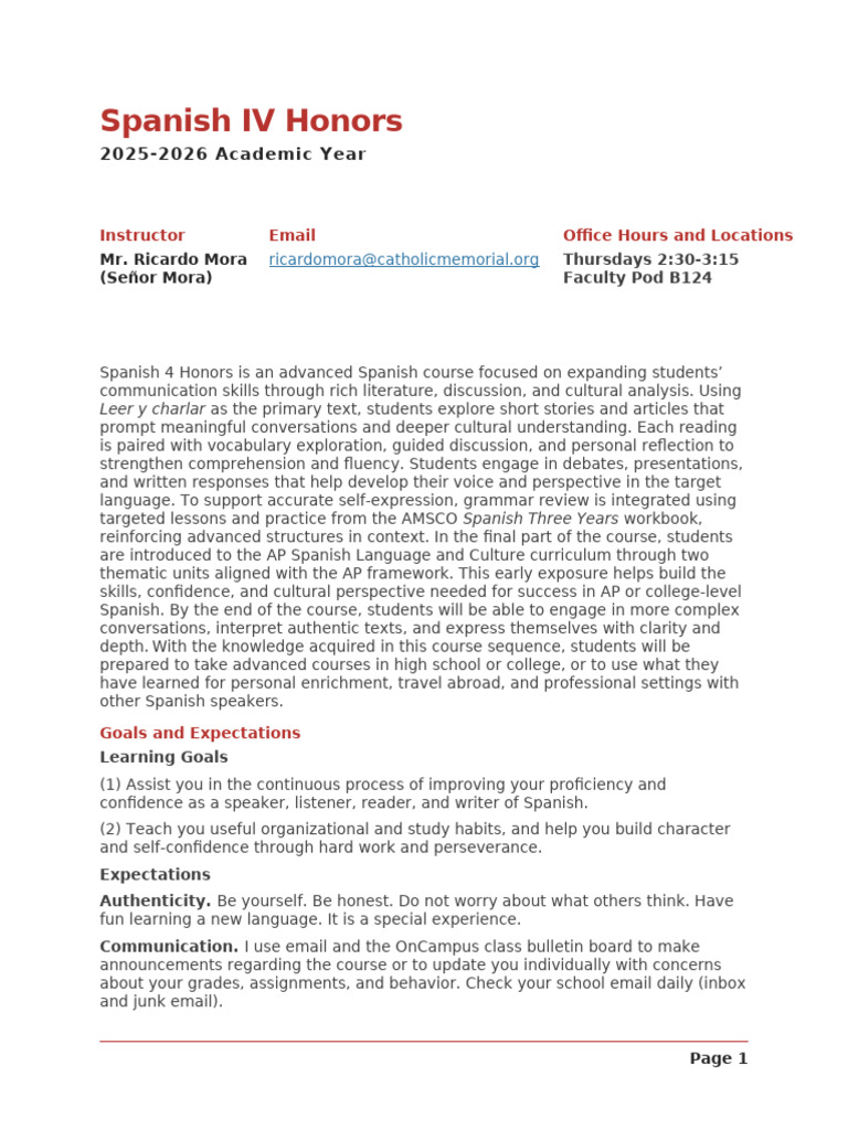 Spanish IV Honors Course Overview 2025-2026 | PDF | Educational ...