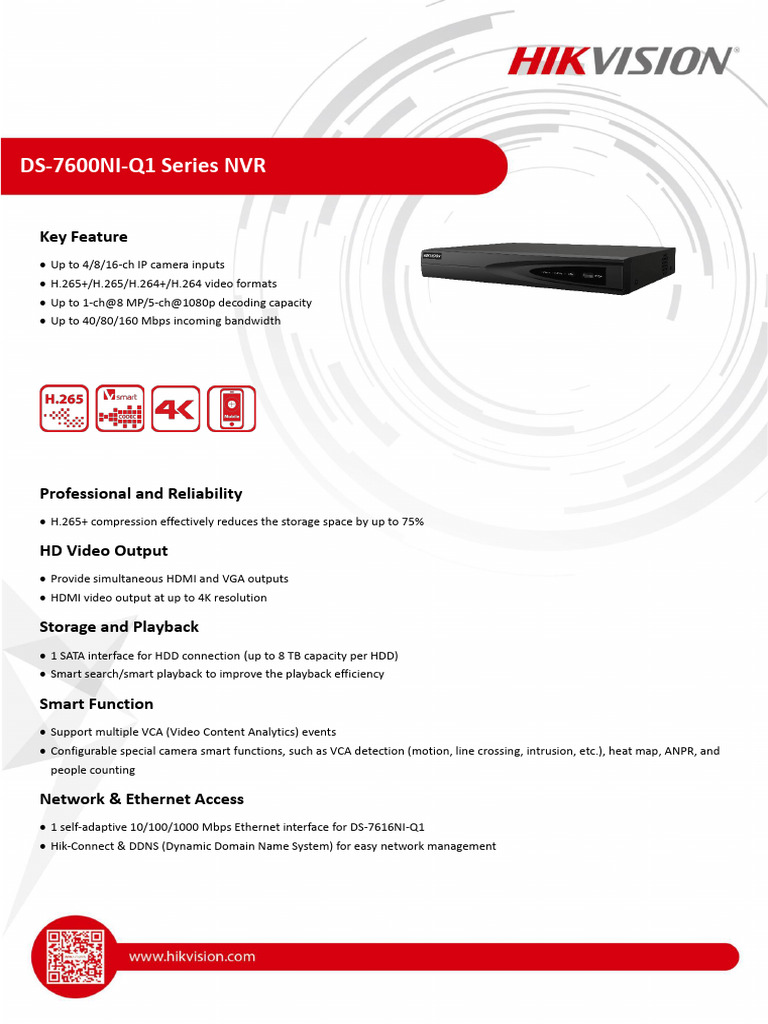 DS-7608NI-Q1 NVR Specifications | PDF | Hdmi | Internet Protocols