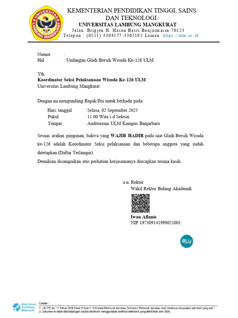 Undangan Gladi Wisuda Ke 126 ULM WR1 | PDF