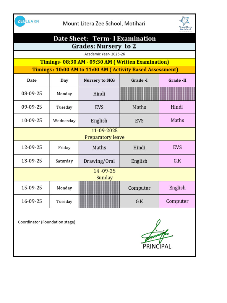 Date-Sheet (Term 1 Exam) - Nursery To Grade 2 | PDF