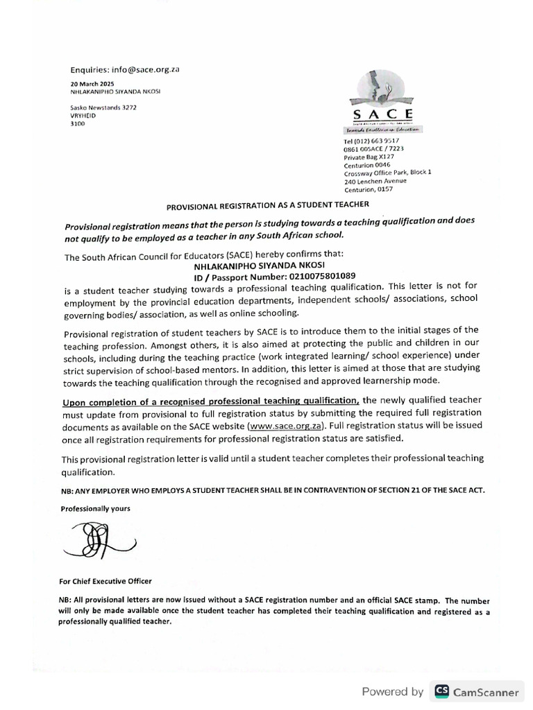 MR Nkosi Sace Registration | PDF