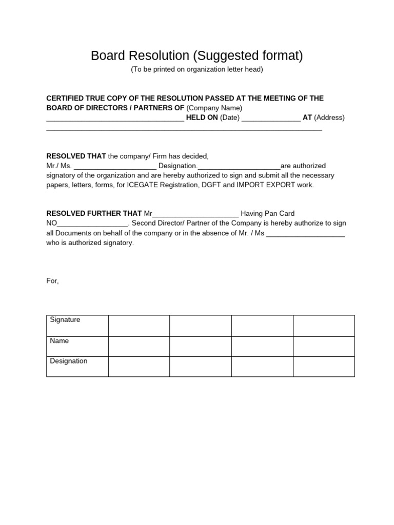 Board Resolution for DGFT and ICEGATE | PDF