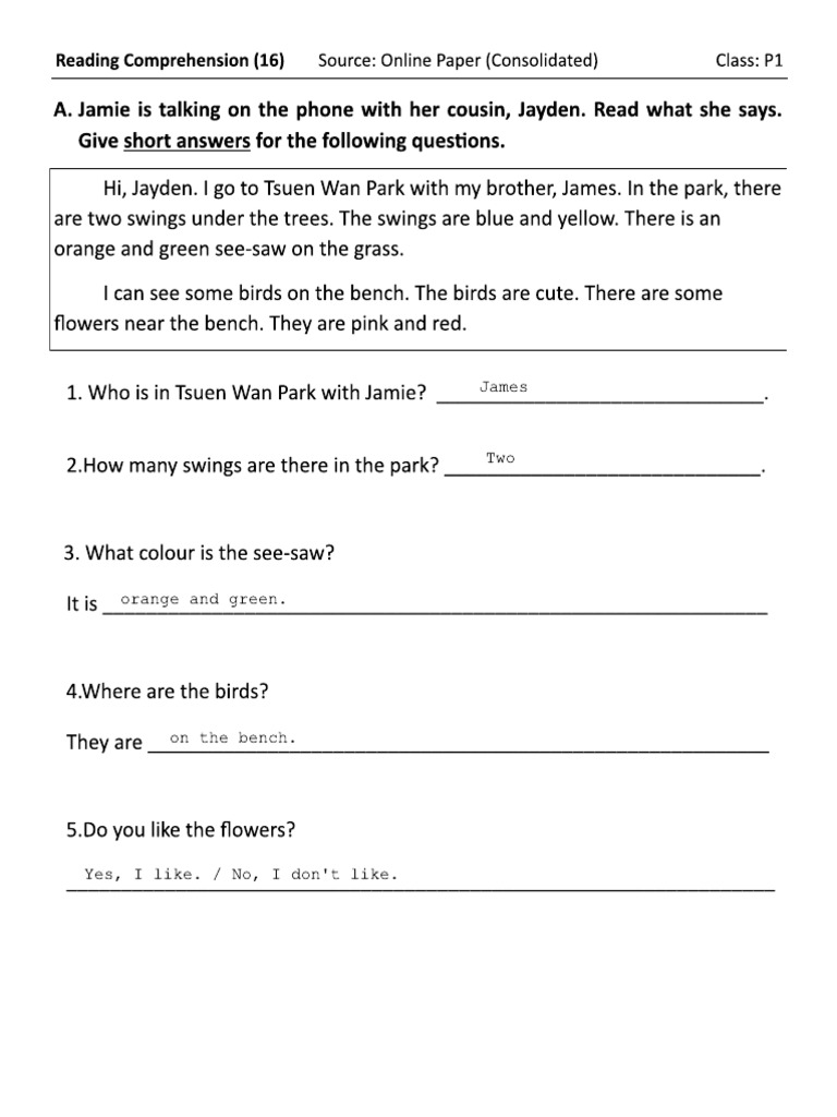 16-20. P1 English Reading Comprehension (Ans) | PDF