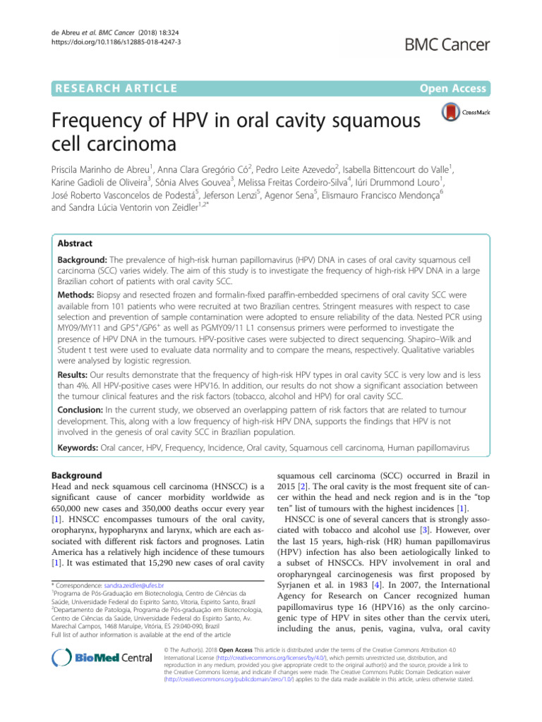 Frequency of HPV in Oral Cavity Squamous Cell Carcinoma | PDF | Head ...