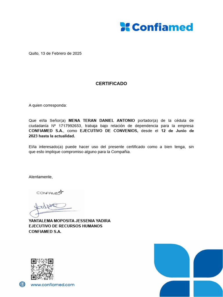 Certificado Laboral Confiamed Daniel Mena Terán | PDF