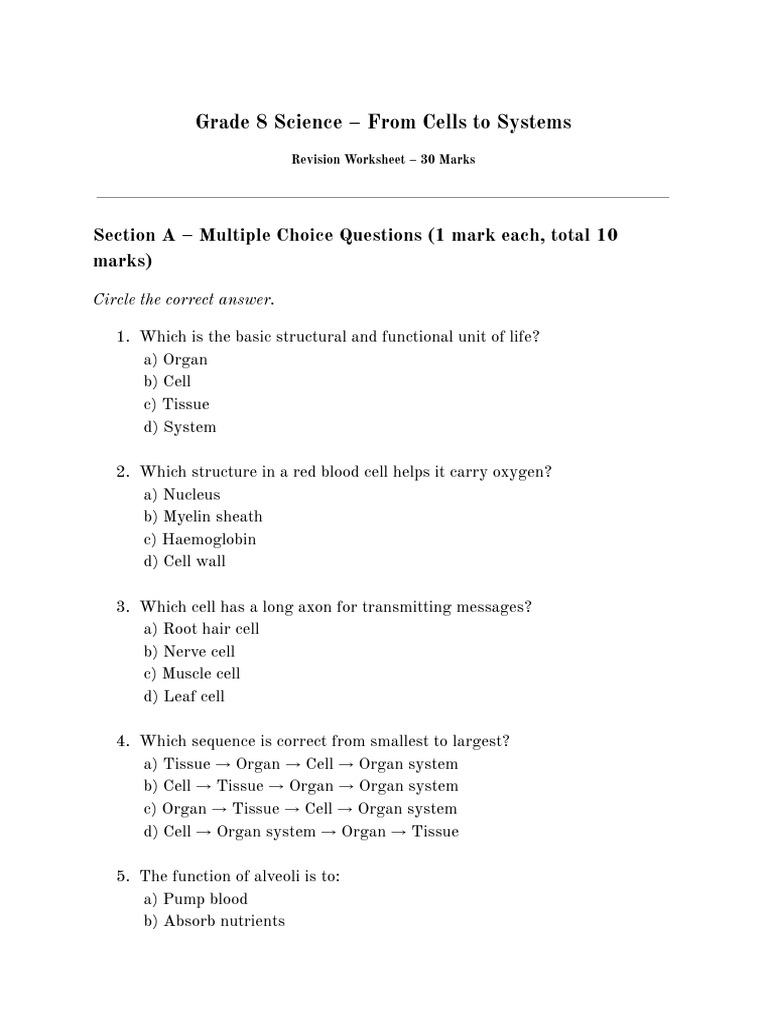 _Specialised Cells & Organ Systems - Revision Worksheet | PDF | Tissue ...