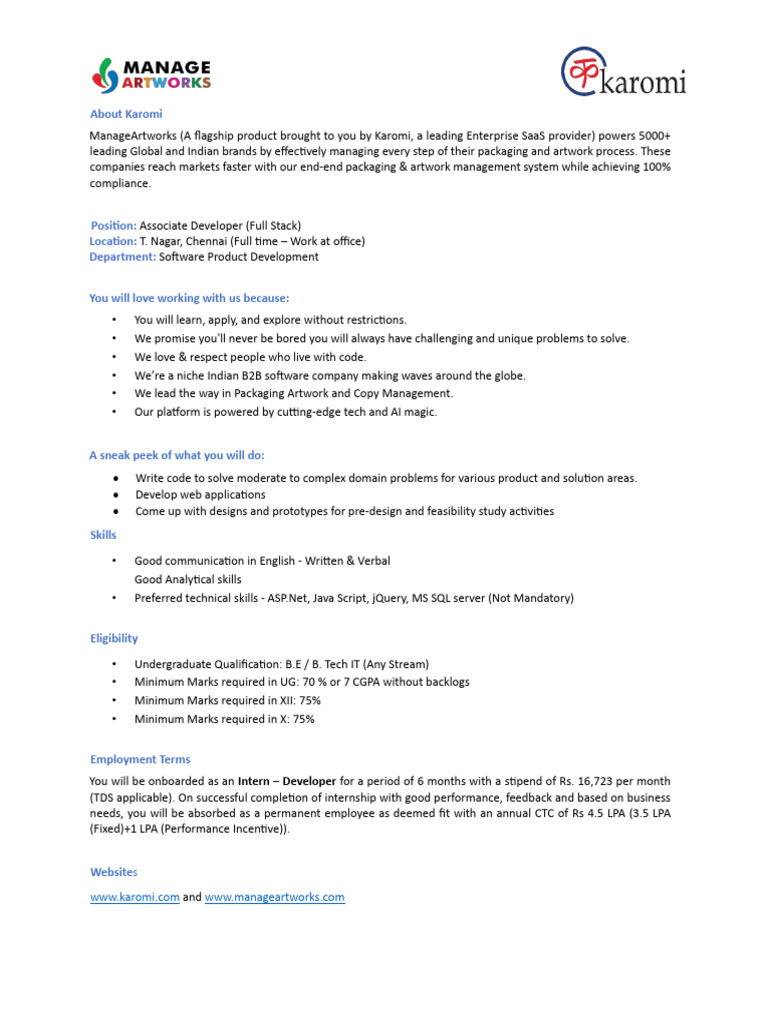 Job Description - Full Stack - Velammal | PDF