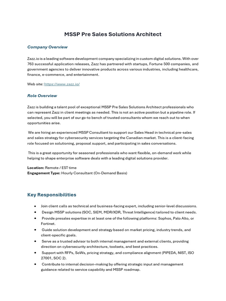 MSSP - Pre Sales Solutions Architect - Zazz-1 | PDF | Business ...