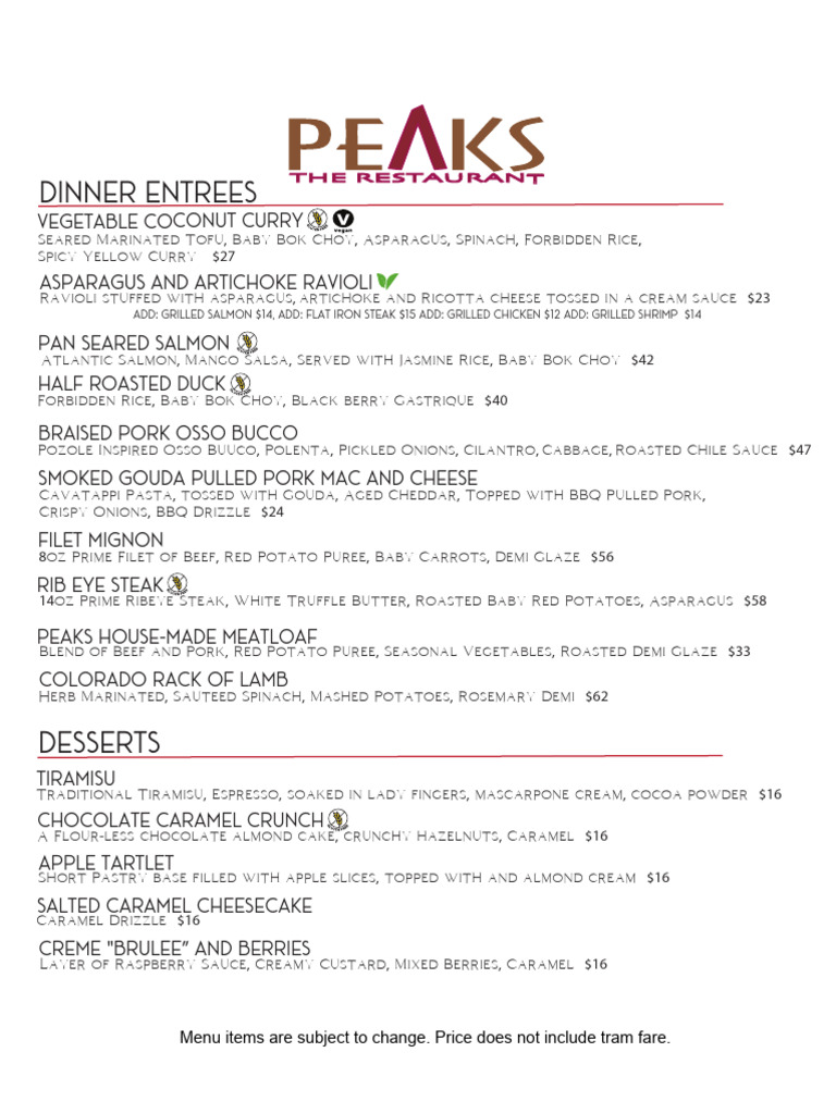 Peak Restaurant Dinner Menu | PDF