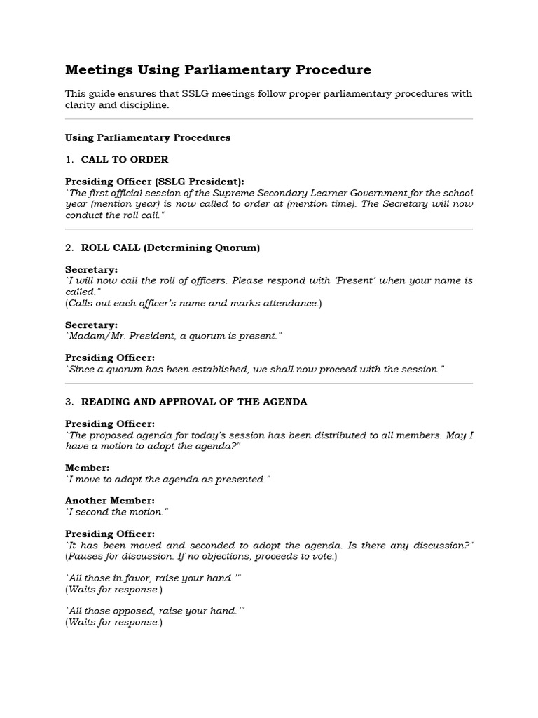 Parliamentary Procedure Meeting Guide | PDF | Agenda (Meeting) | Committee