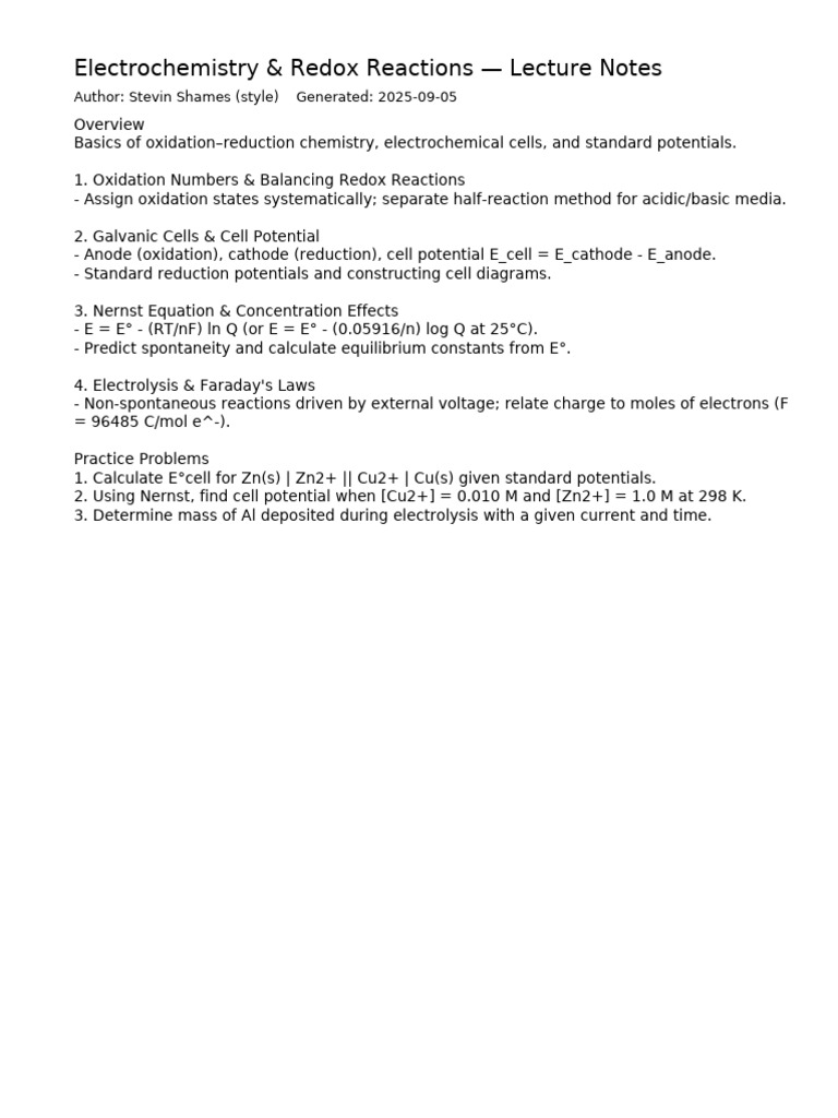 General Chem Article 5 Electrochemistry and Redox | PDF