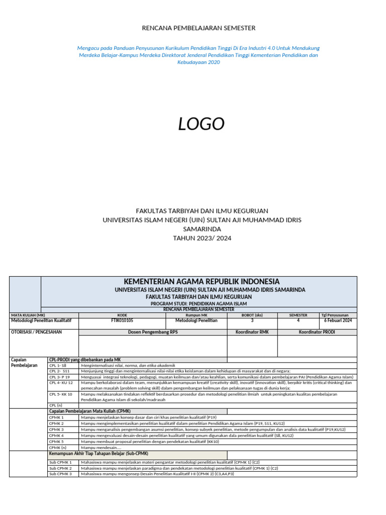 RPS OBE Metodo Penelitian Kulatitatif 2023-2024 | PDF