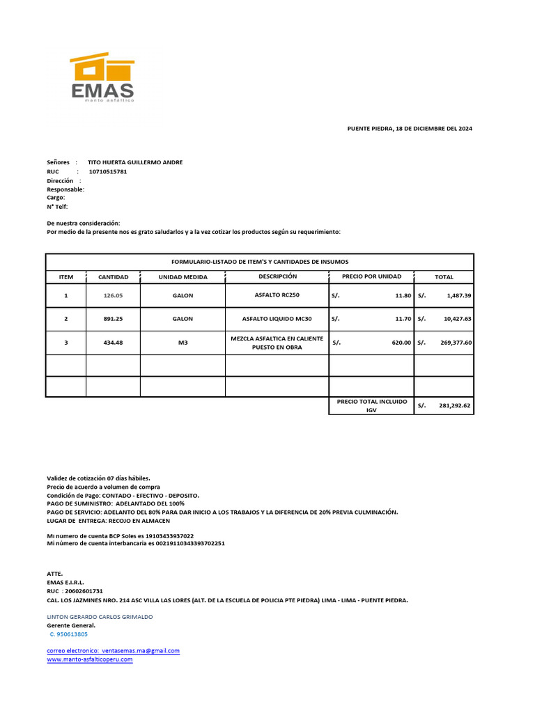 Cotización de Asfalto y Mezcla Asfáltica | PDF