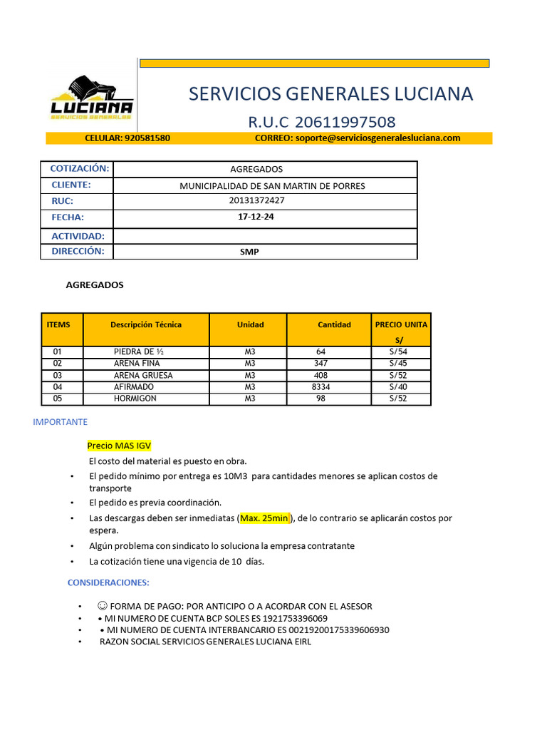 Cotización de Agregados SMP 2024 | PDF