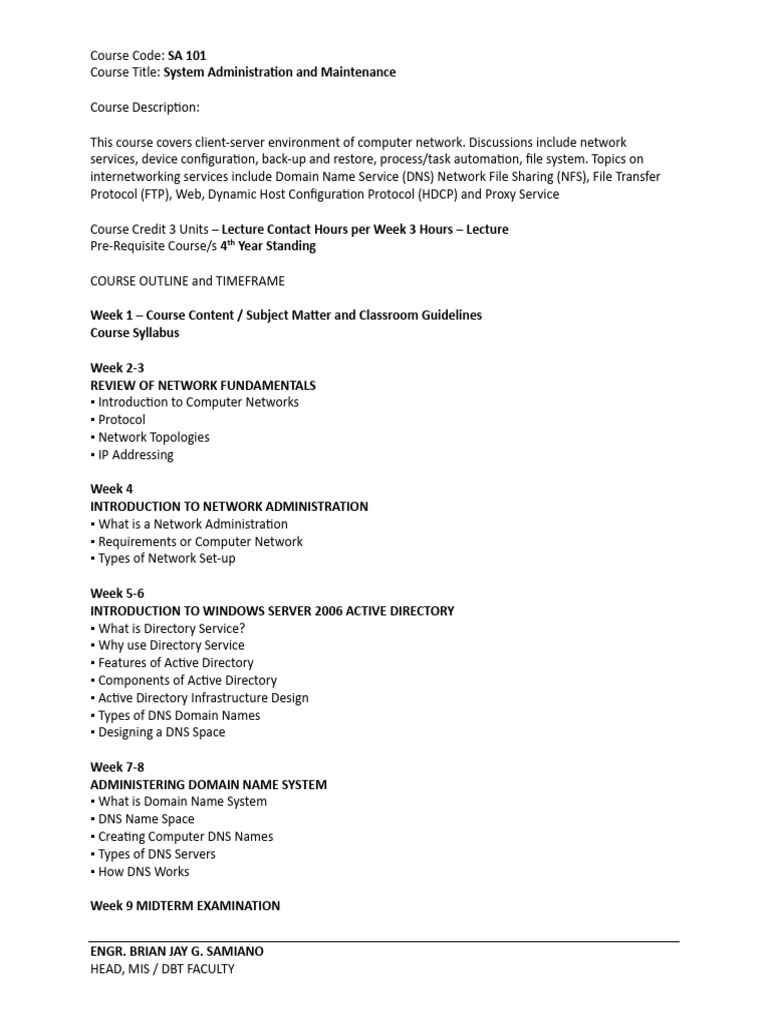 SA 101 COURSE OUTLINE and TIMEFRAME | PDF | Domain Name System | Computer Network