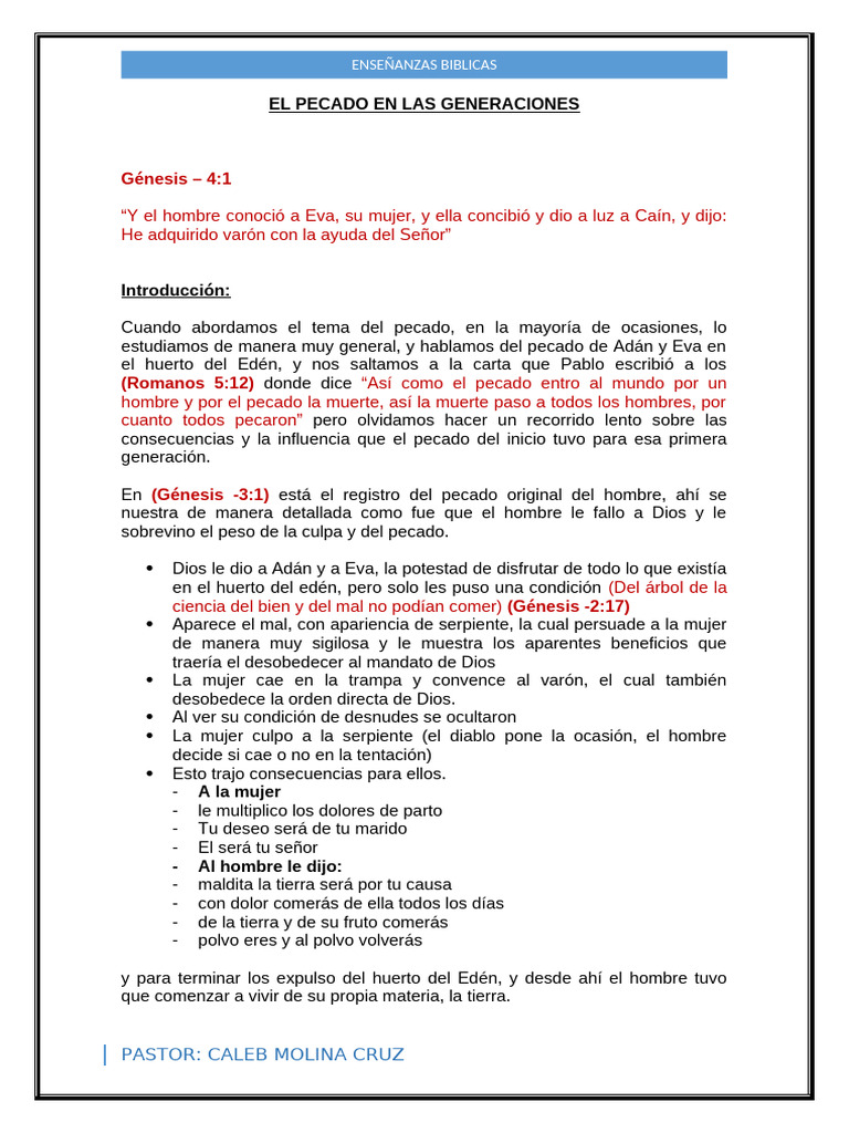 El Pecado En Las Generaciones Pdf Adán Y Eva Pecado