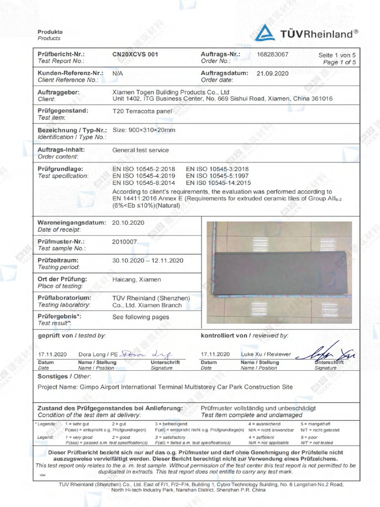 Togen Test Report For 20mm THK Terracotta Panel-TUV 1 | PDF