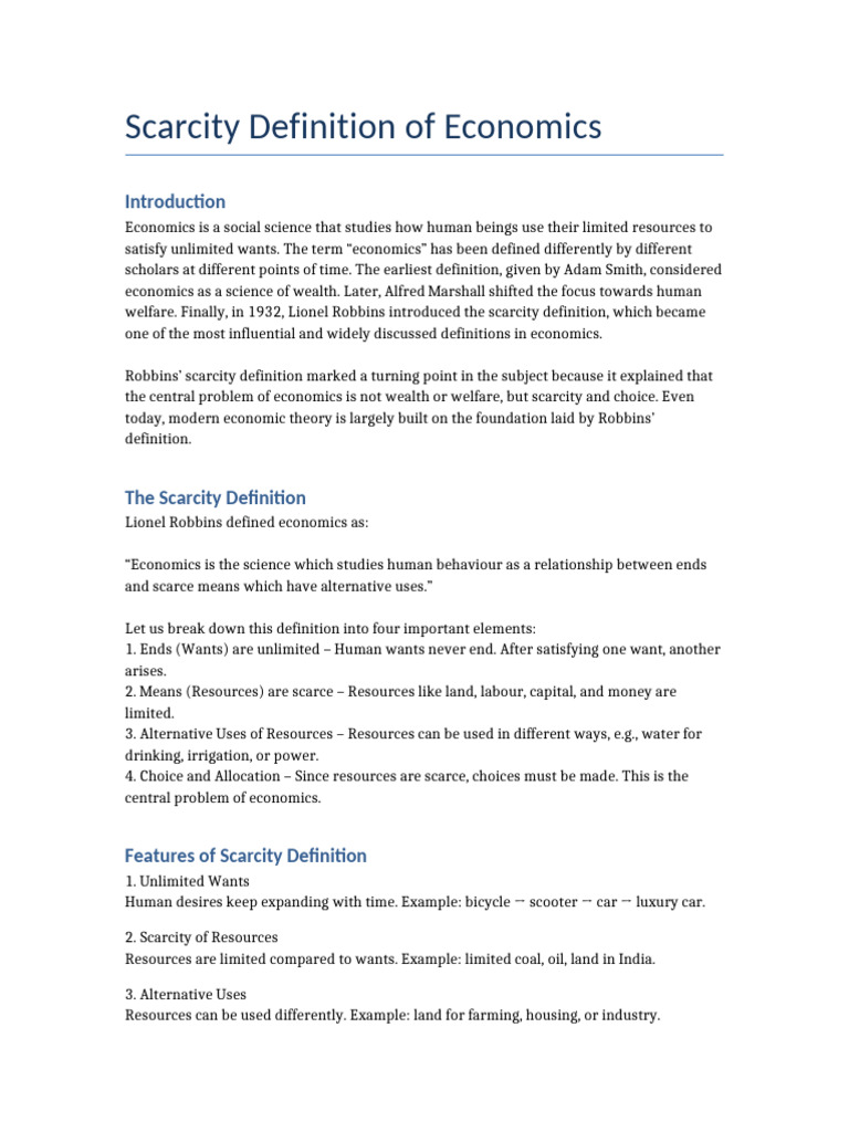 Robbins' Scarcity Definition of Economics | PDF | Economics | Economies
