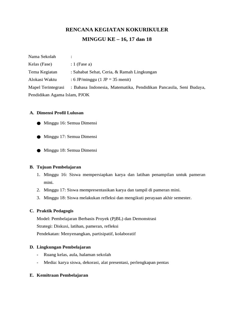 Rencana Kegiatan Kokurikuler Minggu Ke 16 17 Dan 18 Pdf