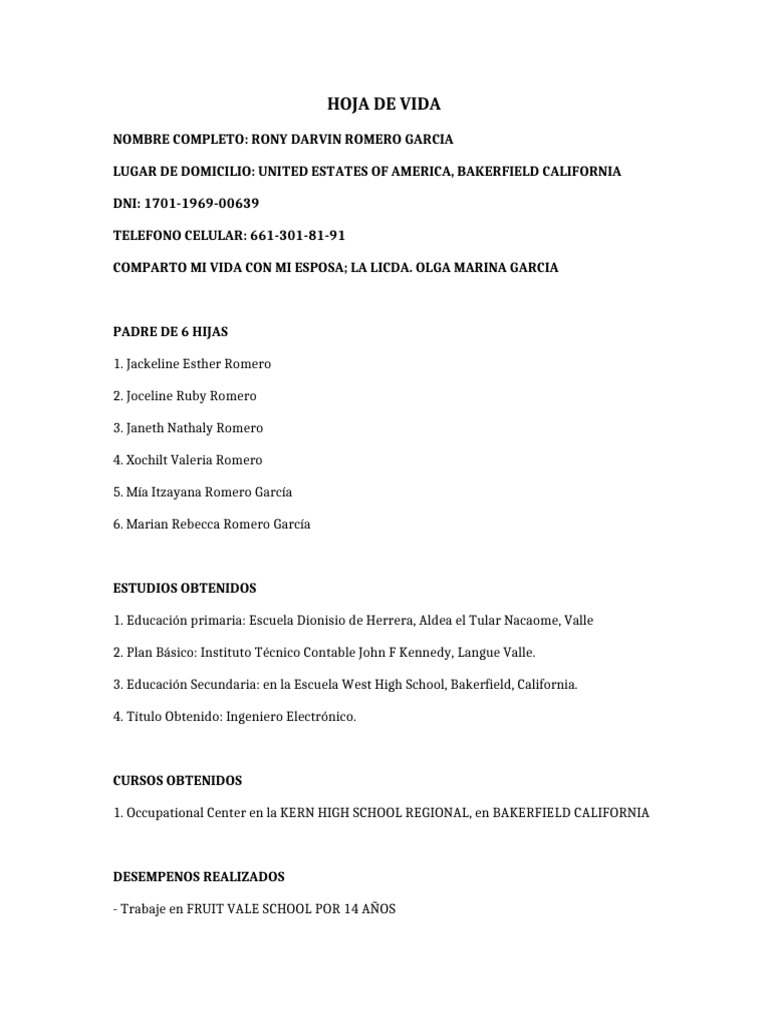 Hoja de Vida de Rony Darvin Romero | PDF
