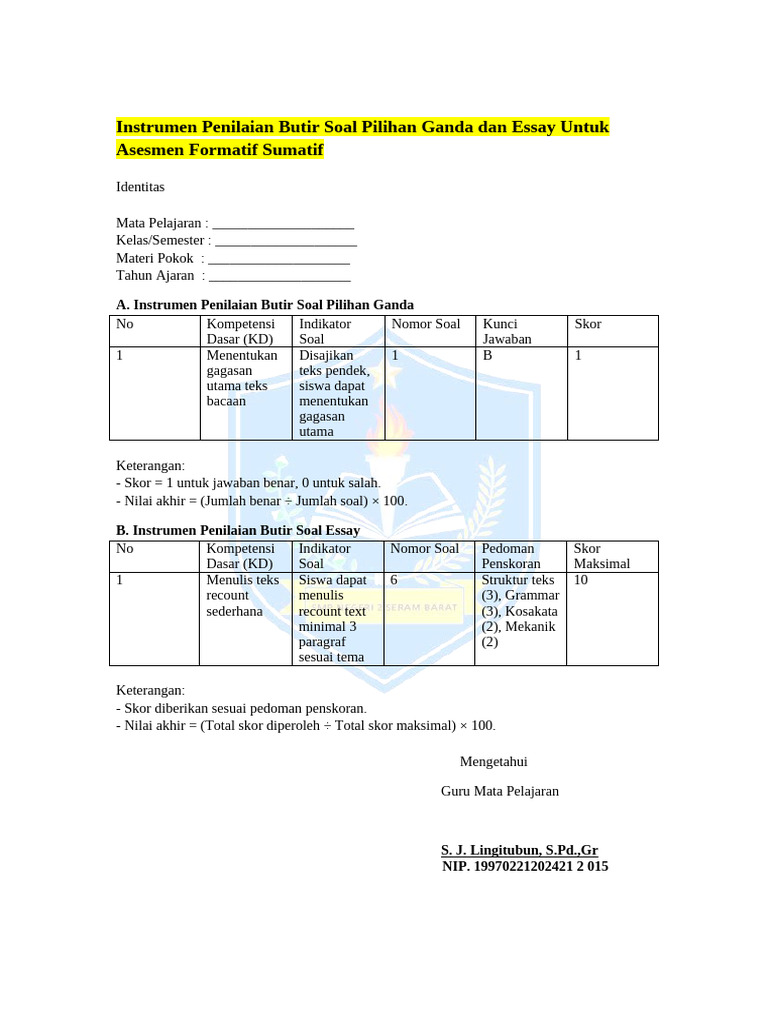 Instrumen Penilaian Soal Pilihan Ganda dan Essay | PDF