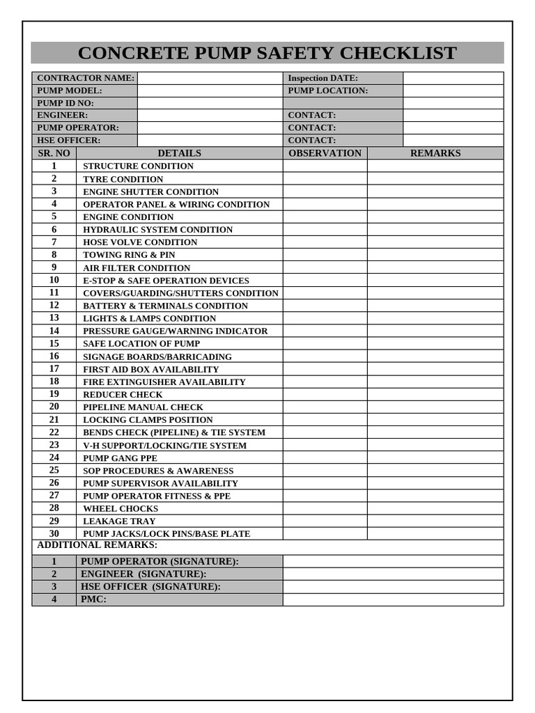 Concrete Pump Safety Inspection Checklist | PDF