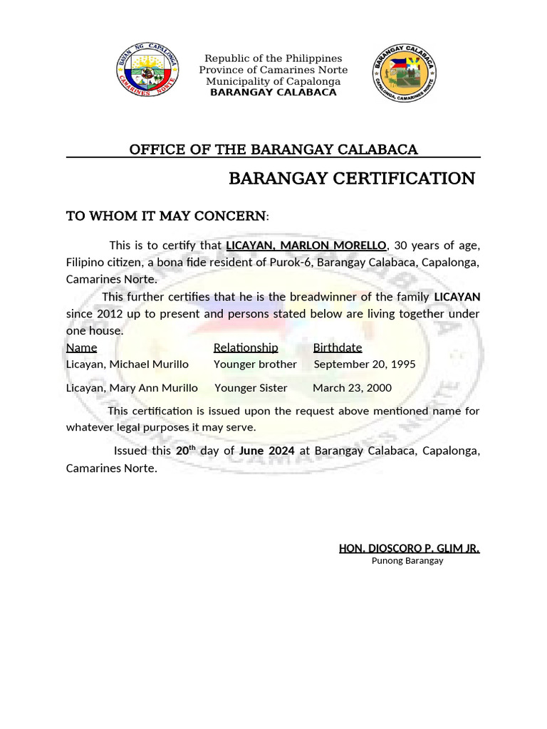 Breadwinner Certificate for Marlon Licayan | PDF