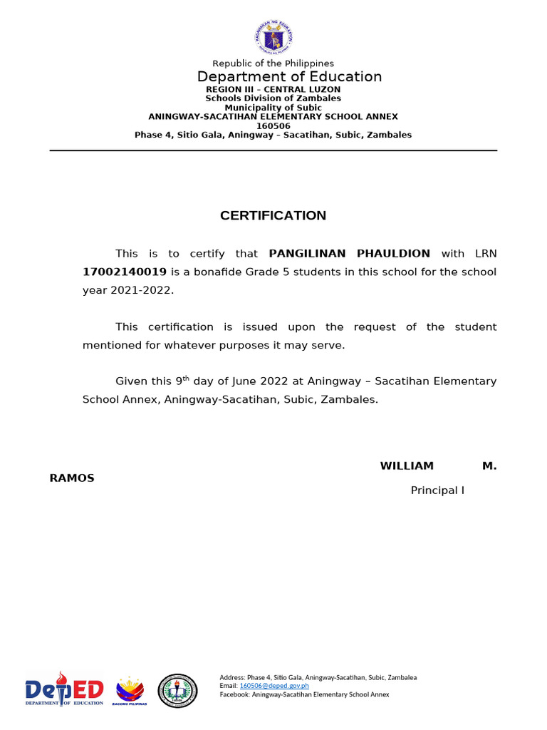 Grade 5 Certification - Aningway-Sacatihan | PDF