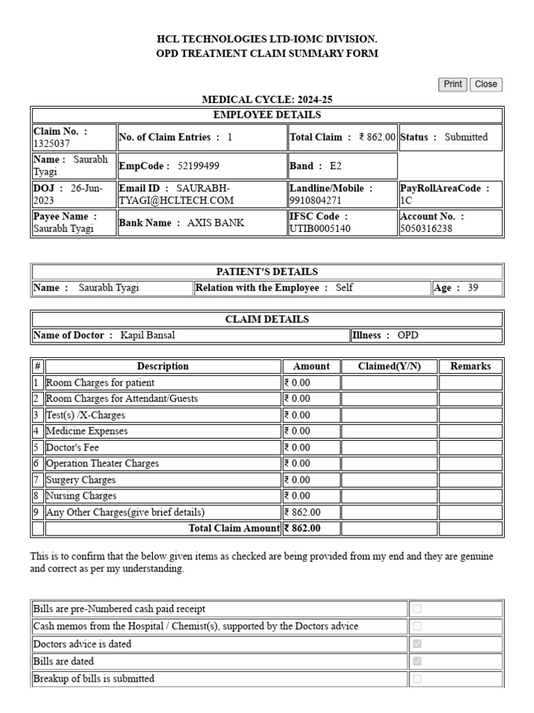 Medical Claim Summary Print - Kapil Bansal | PDF | Hospital | Medicine
