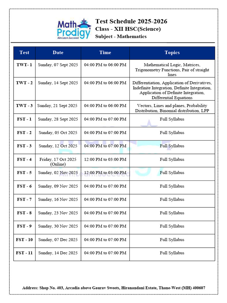 XII HSC Maths (Sci) Test Schedule-3 | PDF