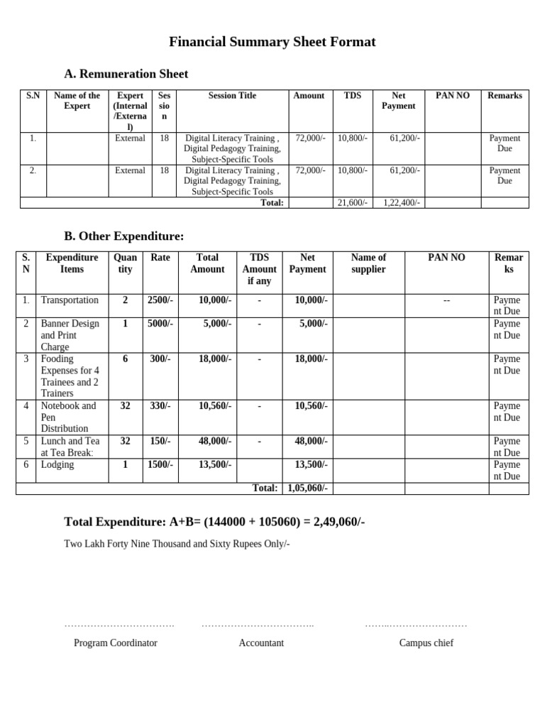 Financial Summary Sheet Format | PDF