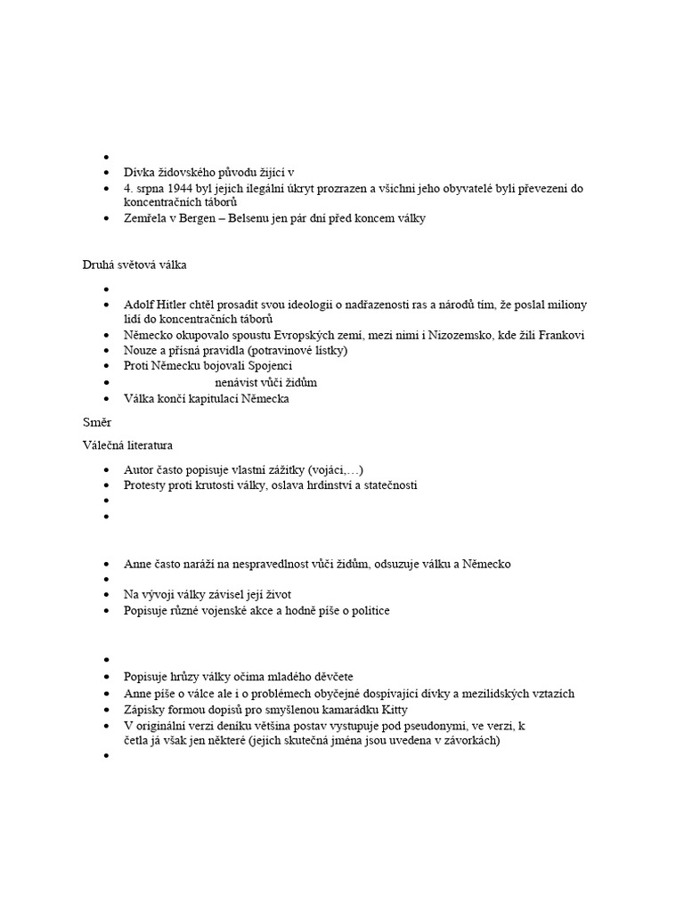 Maturitní Rozbor Deník Anny Frankové | PDF