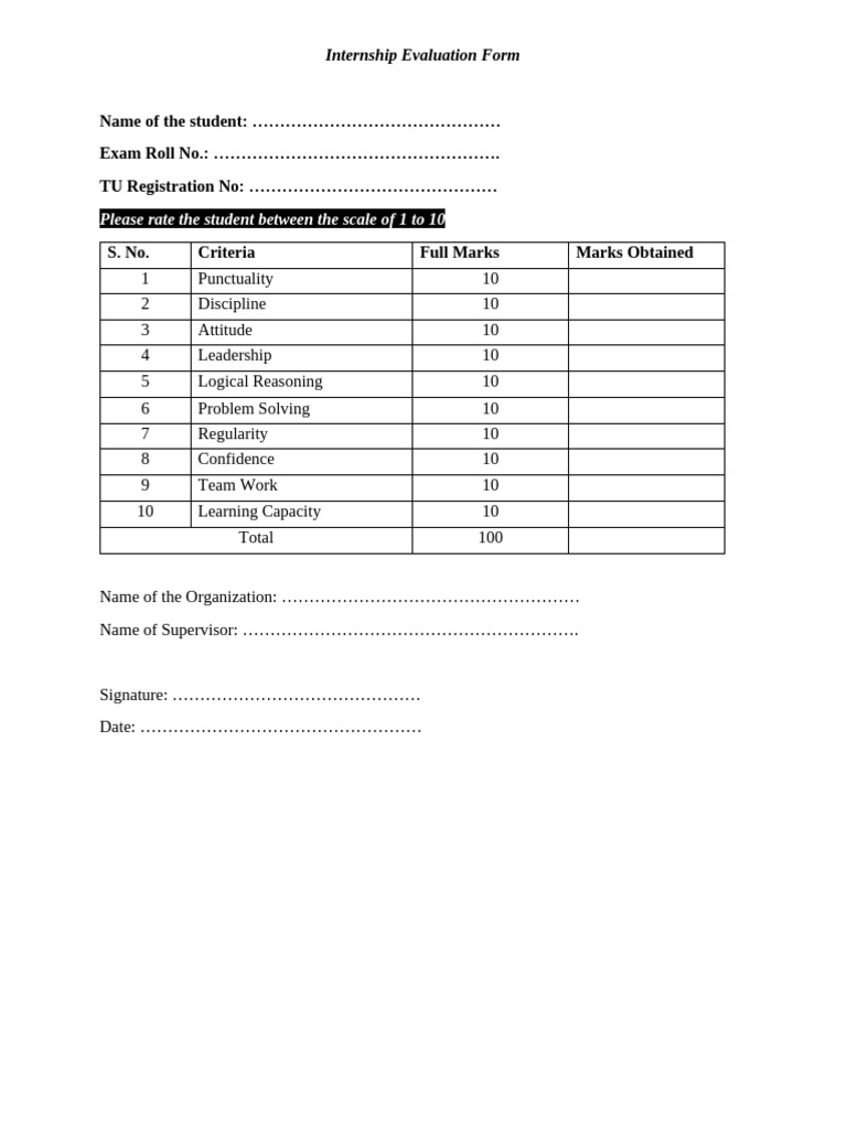 Internship Evaluation Form | PDF