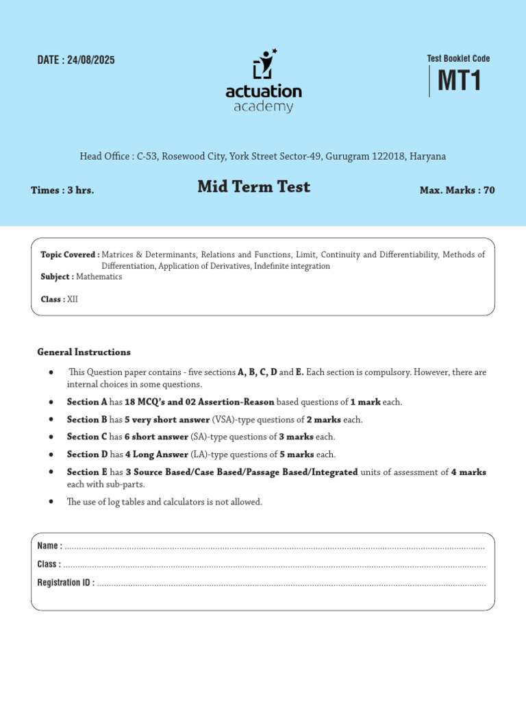 12th Mid Term-01 Math v.1 | PDF | Functions And Mappings | Mathematical Objects