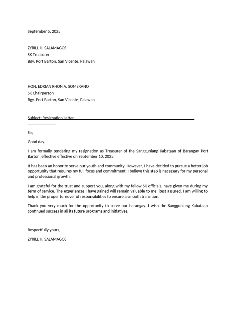 Resignation Letter Salamagos, Z | PDF