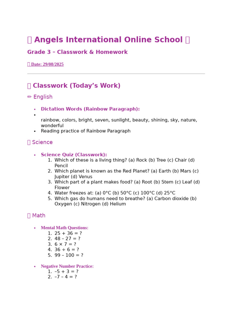 Grade 3 Classwork & Homework Guide | PDF