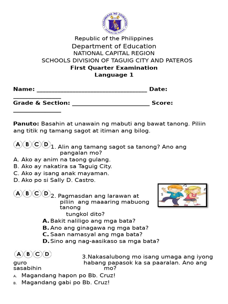 1ST P.T Language Grade 1 | PDF