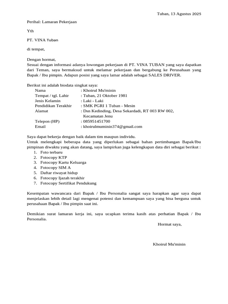 SURAT LAMARAN JNE Irul | PDF