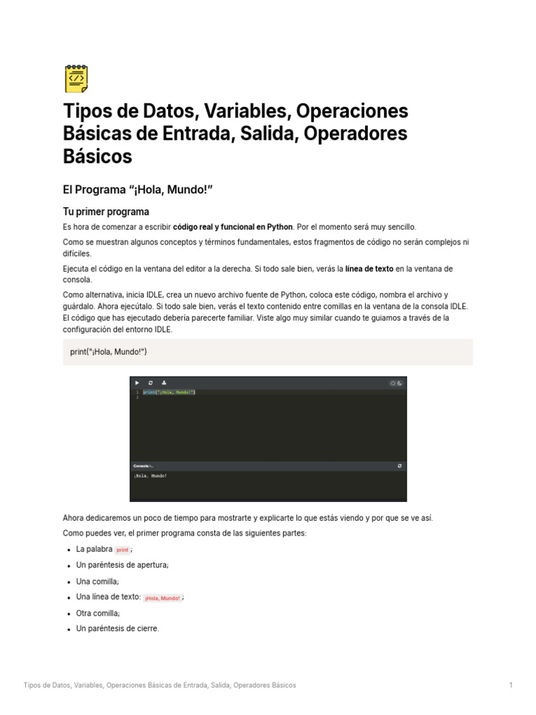 Tipos de Datos Variables Operaciones Bsicas de Entrada Salida Operadores Bsicos | PDF | Python ...