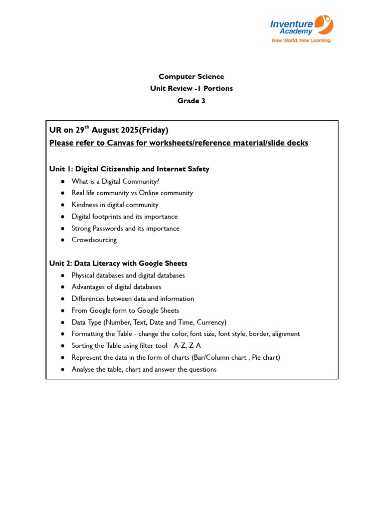Grade 3 - Computer Science 2025-26 UR-1 Portions | PDF