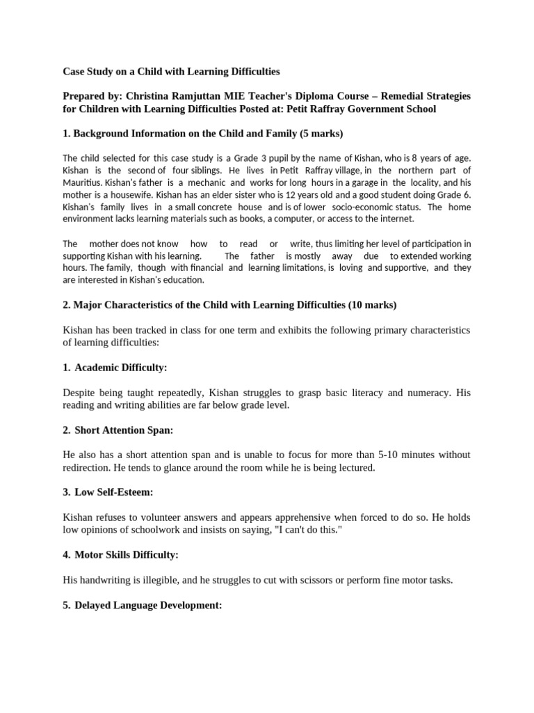 Case Study: Kishan's Learning Difficulties | PDF | Learning Disability ...