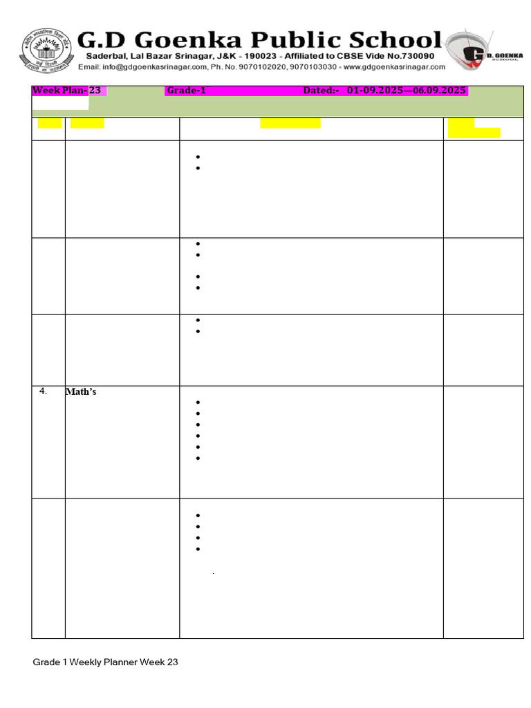 Grade 1 Weekly Planner: Week 23 | PDF | Chess | Chess Theory