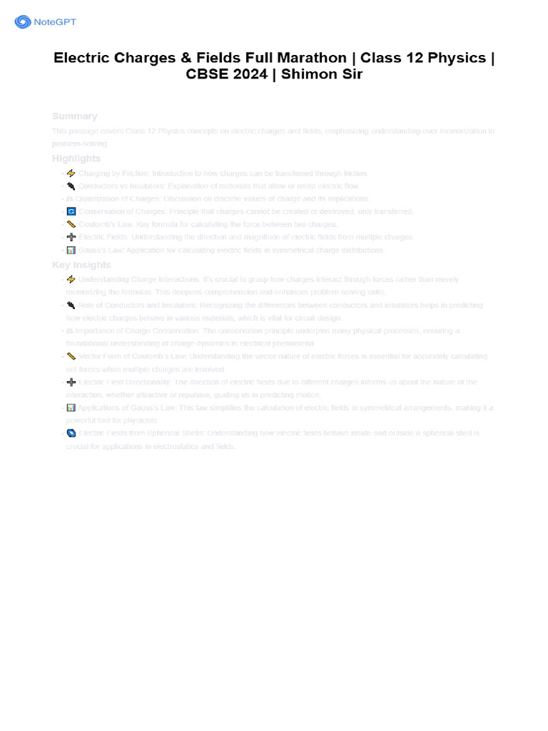 NoteGPT - Summary - Electric Charges & Fields Full Marathon - Class 12 ...