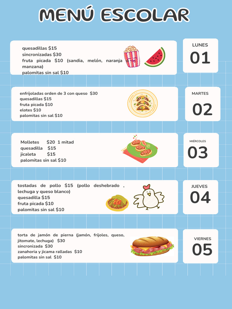 Documento A4 Menú Escolar de Comida Infantil Ilustrativo Azul | PDF