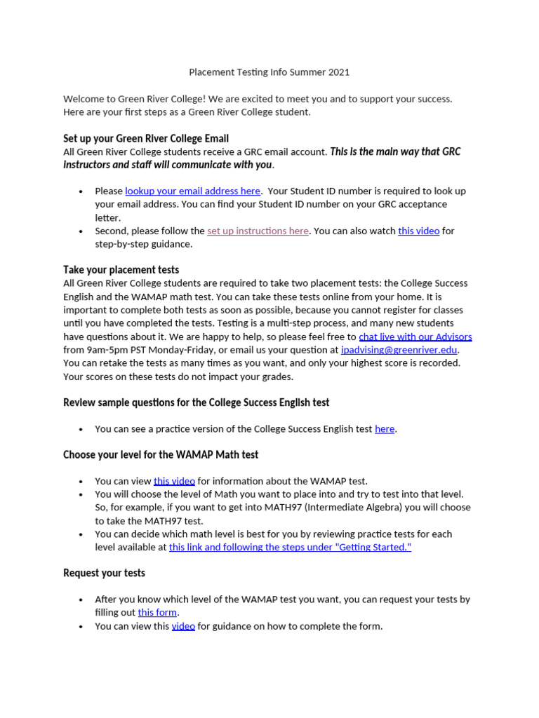 Green River College Placement Testing Guide | PDF