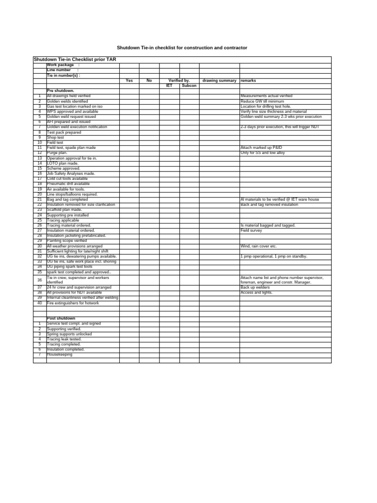 Construction Shutdown Tie-in Checklist | PDF | Pipe (Fluid Conveyance ...