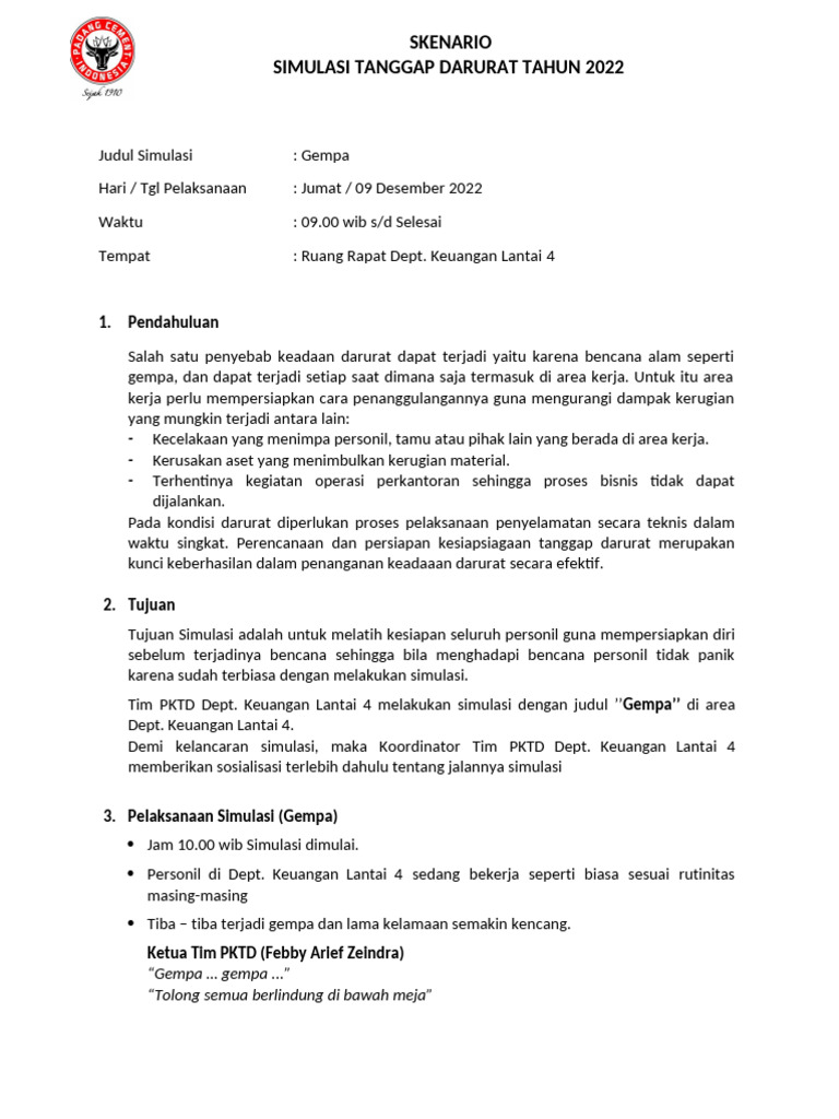 Skenario PKTD KEU LT 4 Kantor Pusat Gempa 2022 | PDF
