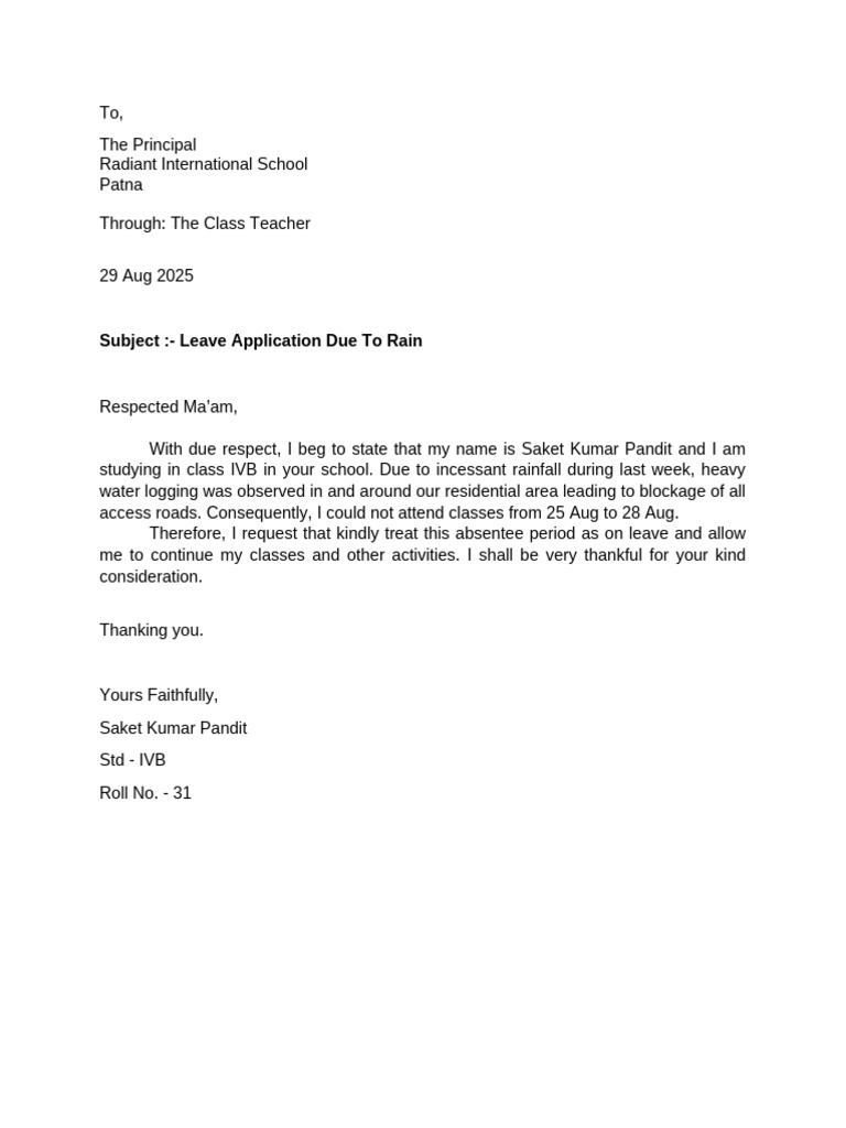 Subject:-Leave Application Due To Rain | PDF