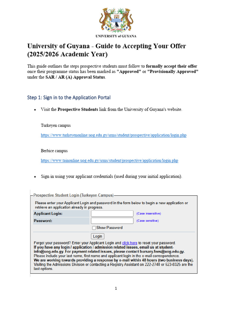 Basic Steps in Accepting An Offer From UoG - 2025 - 2026-1 | PDF | Login