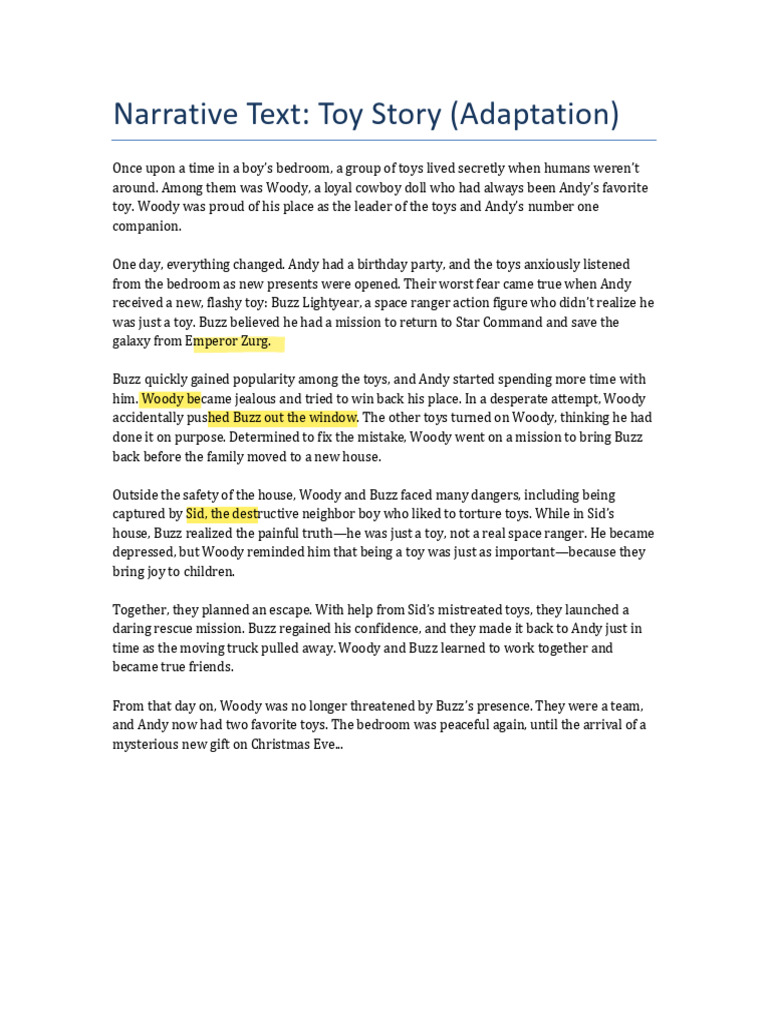 Narrative Text Toy Story and HOTS Exercises | PDF